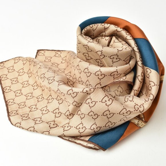 Gucci | Accessories | Gucci Scarf Muffler Silk Beige Brown Gg Pattern ...